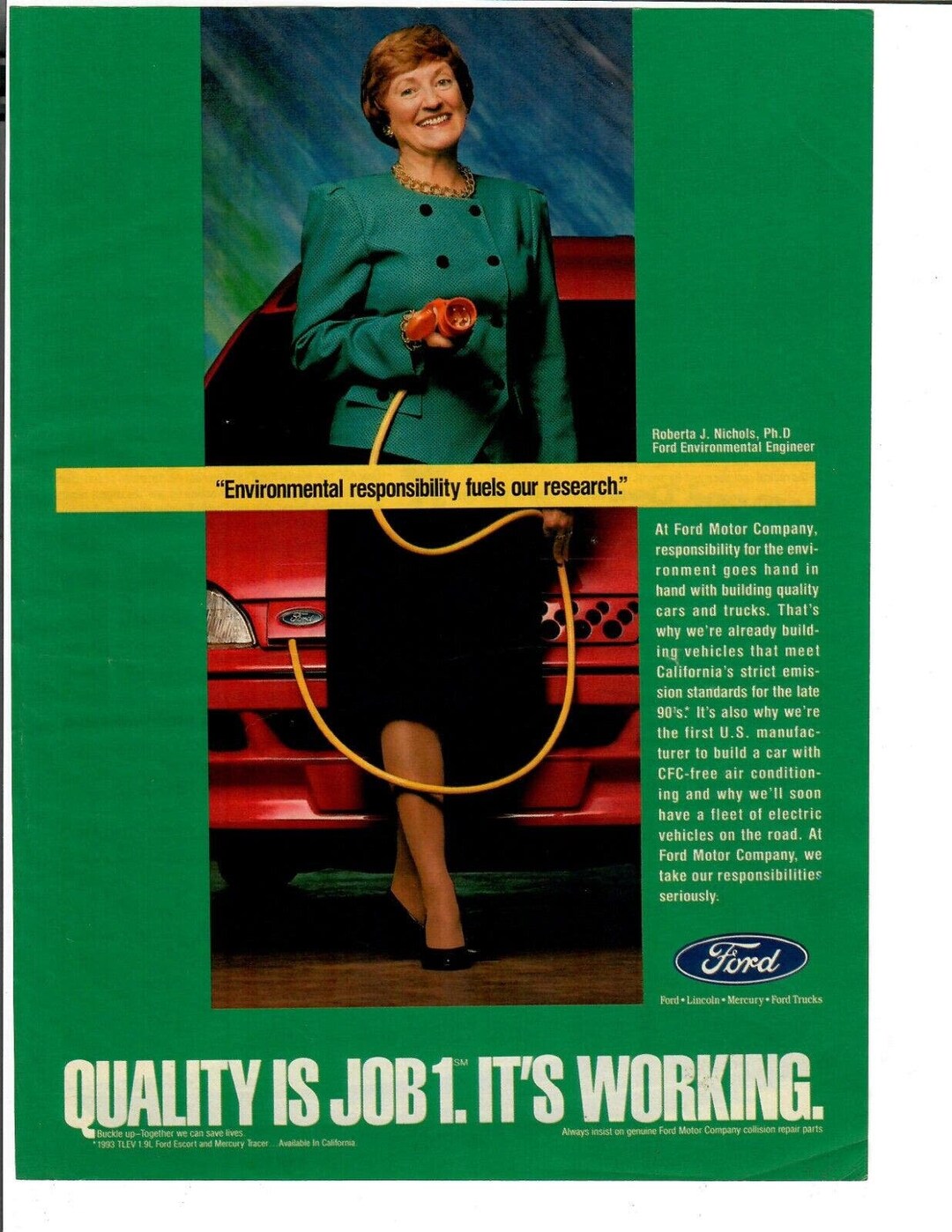 1993 Ford Magazine Print Ad Environmental Engineer Quality is Job 1 It ...