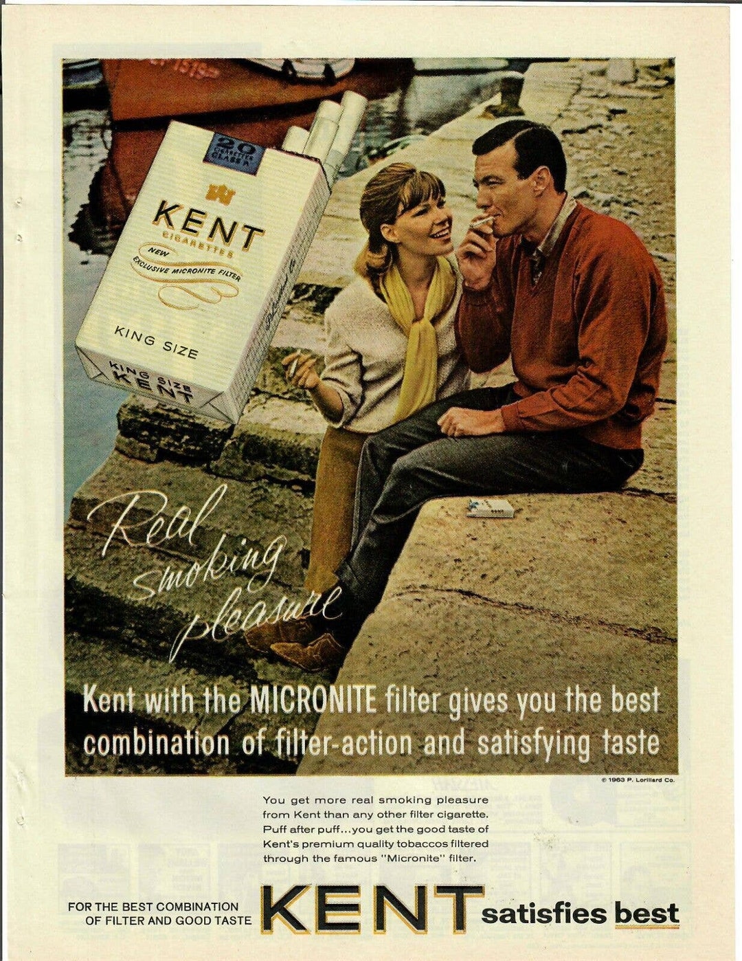1963 Kent Vintage Print Ad Real Smoking Pleasure Satisfies Best Tobacco ...