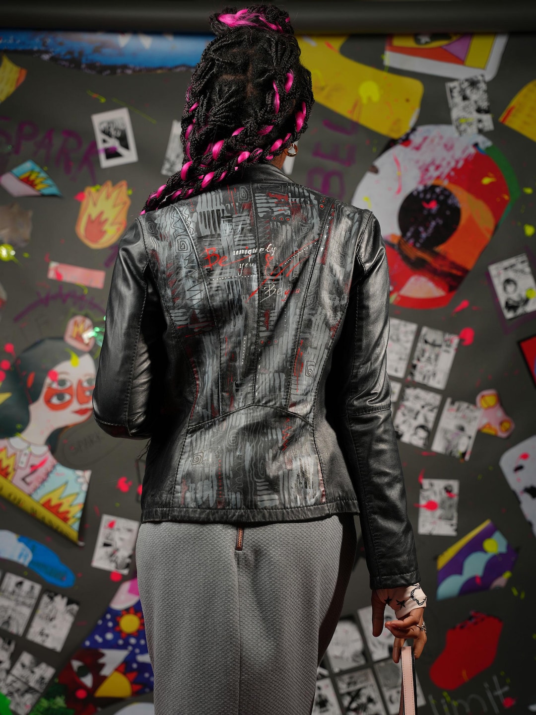 Upcycled Michael Kors Leather Jacket – Hand-painted Art & Slogans ...