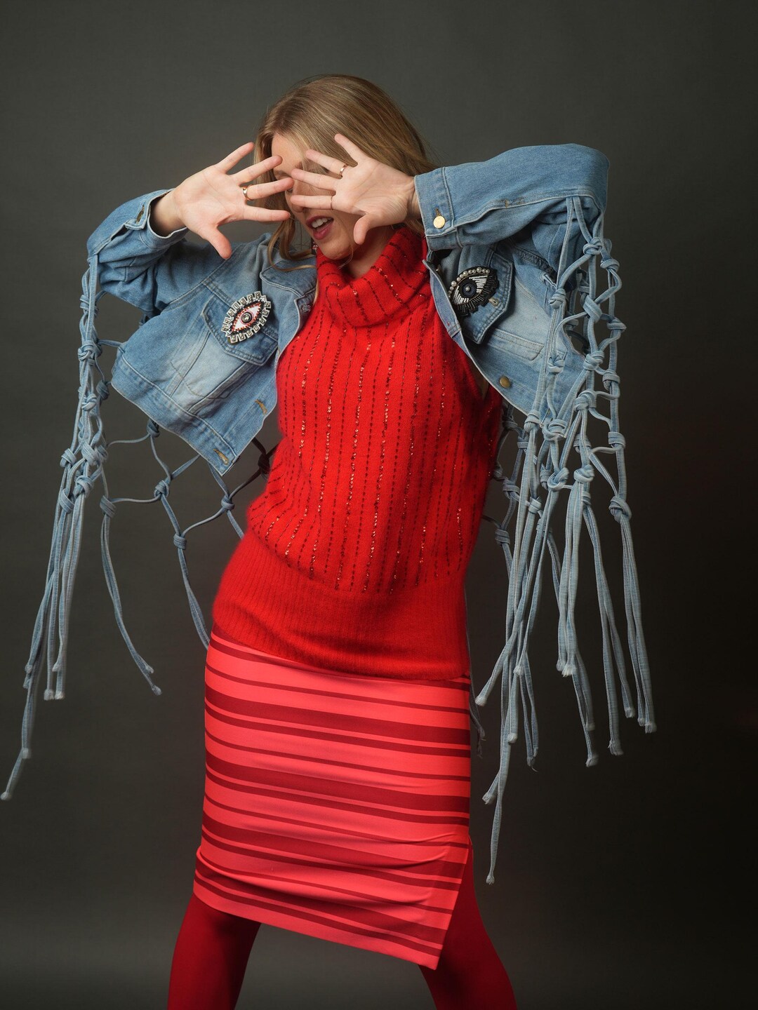 Upcycled Denim Jacket, Detachable Brooches, Tassel Sleeves, Size S - Etsy