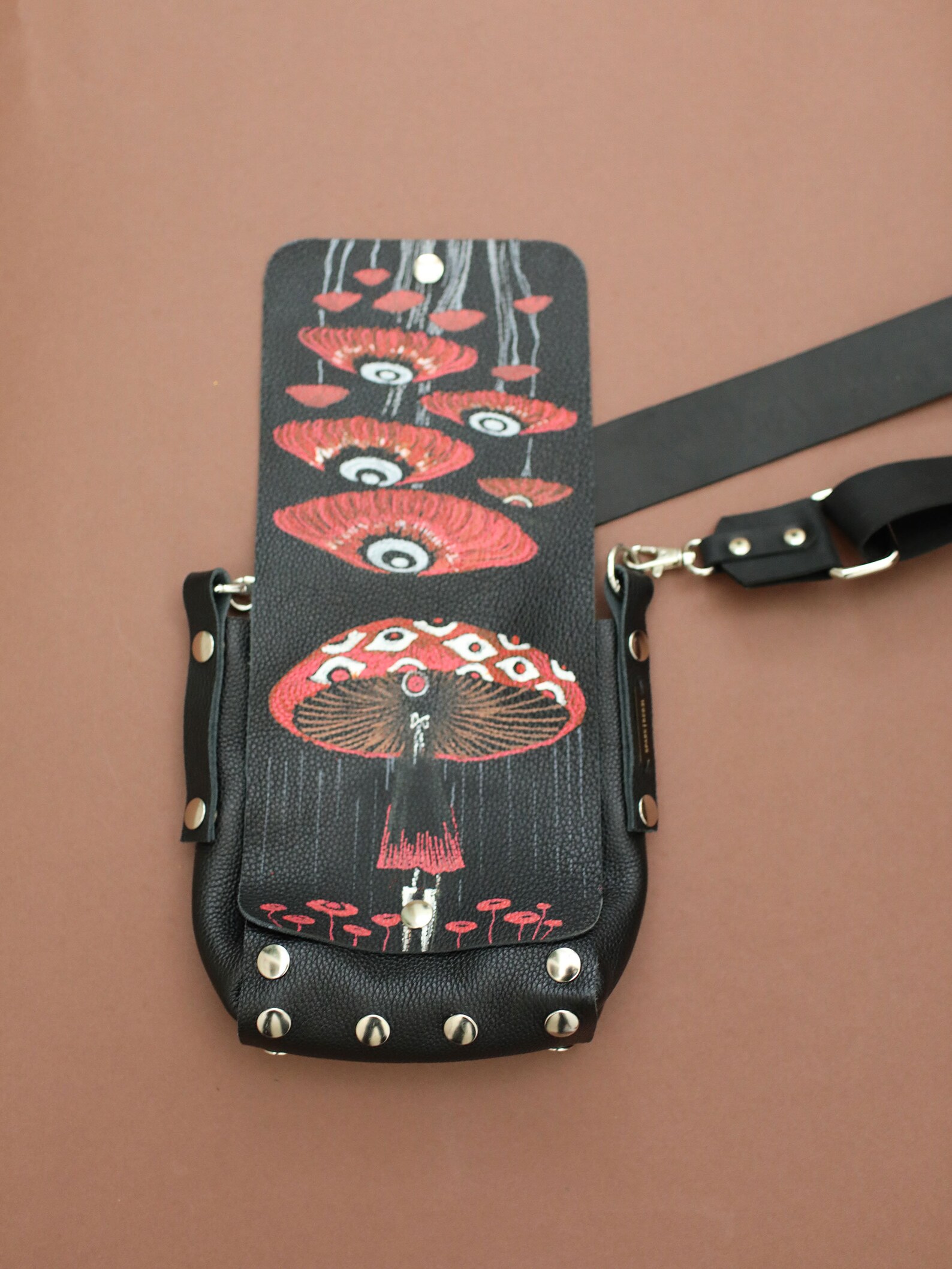 Upcycled Leather Crossbody Phone Bag, Hand-painted "shroomy Eyes ...