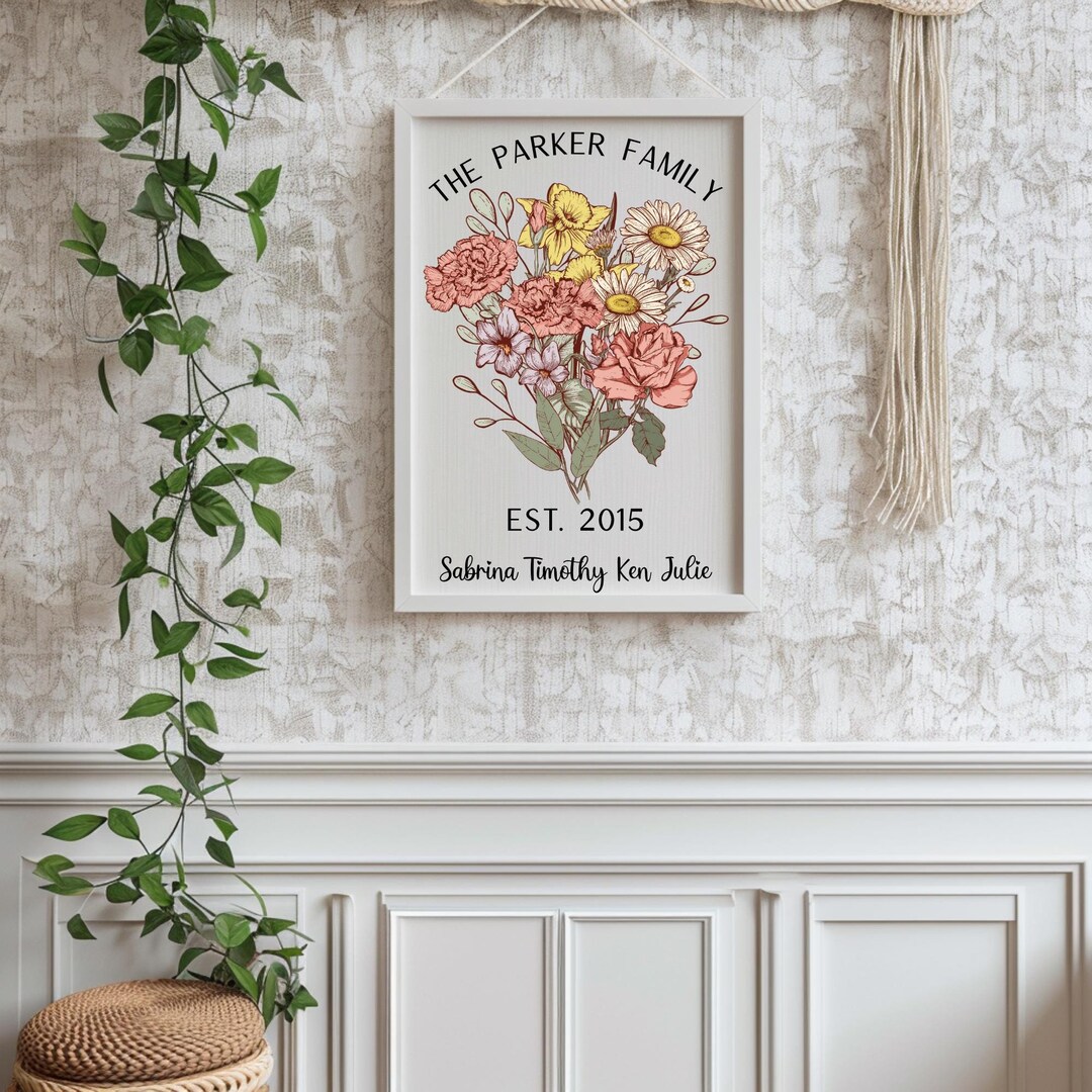 Birth Month Flower Wall Art Digital Download, Family Name Sign With ...