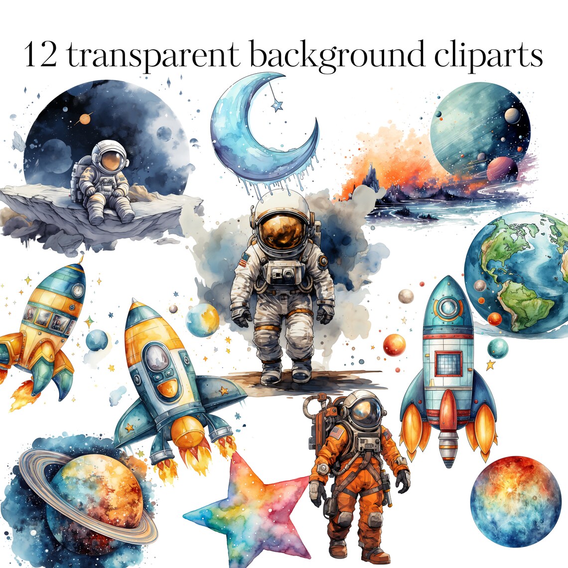 12 Watercolor Space Clipart Bundle SVG Astronaut Clipart PNG Spaceship ...