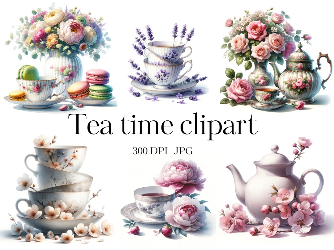 Tea Time Clipart, 16 High Quality Jpgs Printable Watercolor Clipart ...