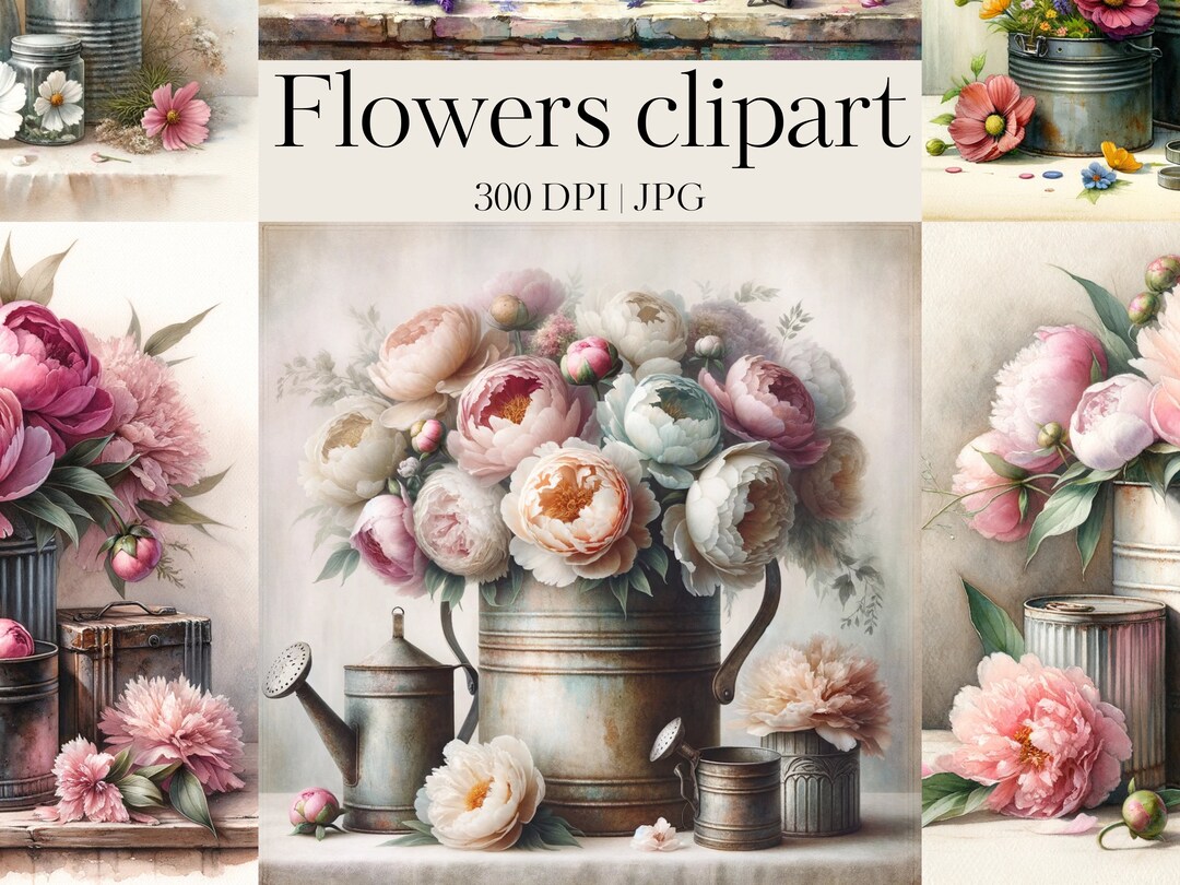 Shabby Chic Retro Cans Flowers Clipart Bundle | High Quality Watercolor ...