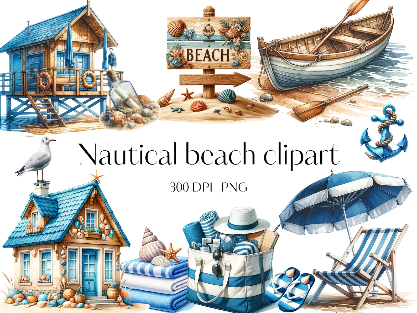 Watercolor Beach Clipart Bundle Nautical Clipart 27 PNG Travel Clipart ...