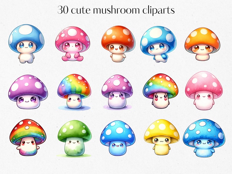 30 Watercolor Cute Mushroom PNG Bundle Mushroom Clipart Printable ...