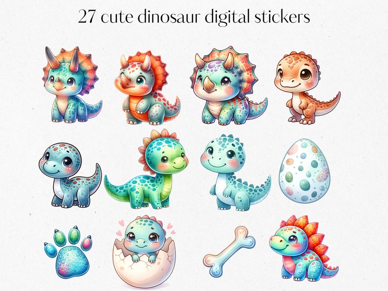 27 Cute Dinosaur Stickers Cricut Stickers Sticker PNG Bundle Printable ...