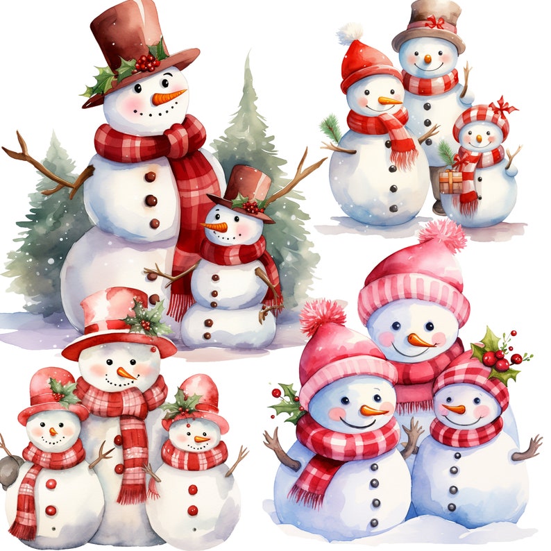 15 Christmas Cute Snowman Family Clipart Bundle Watercolor Winter ...