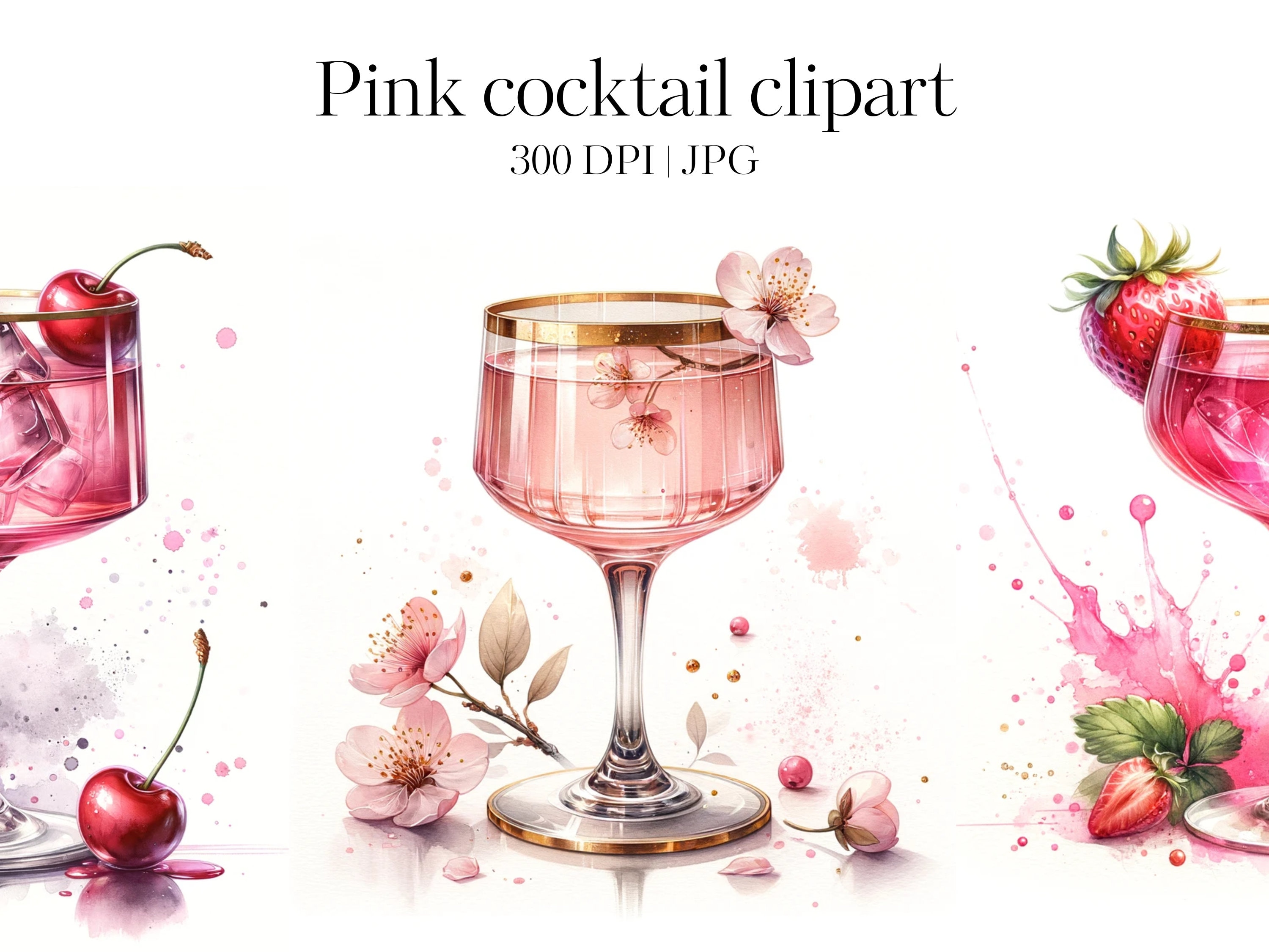 14 Pink Cocktails Clipart, High Quality Jpgs, Floral Pink Drinks ...