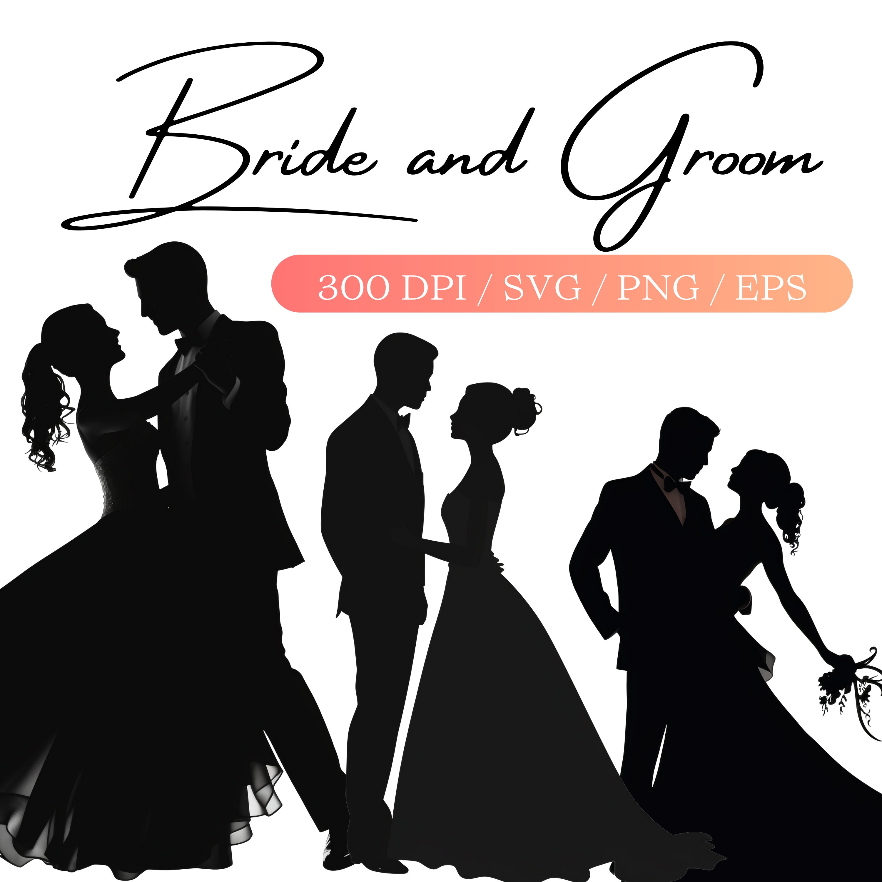 Bride and Groom Silhouette Clipart Bundle Transparent Background Bride ...