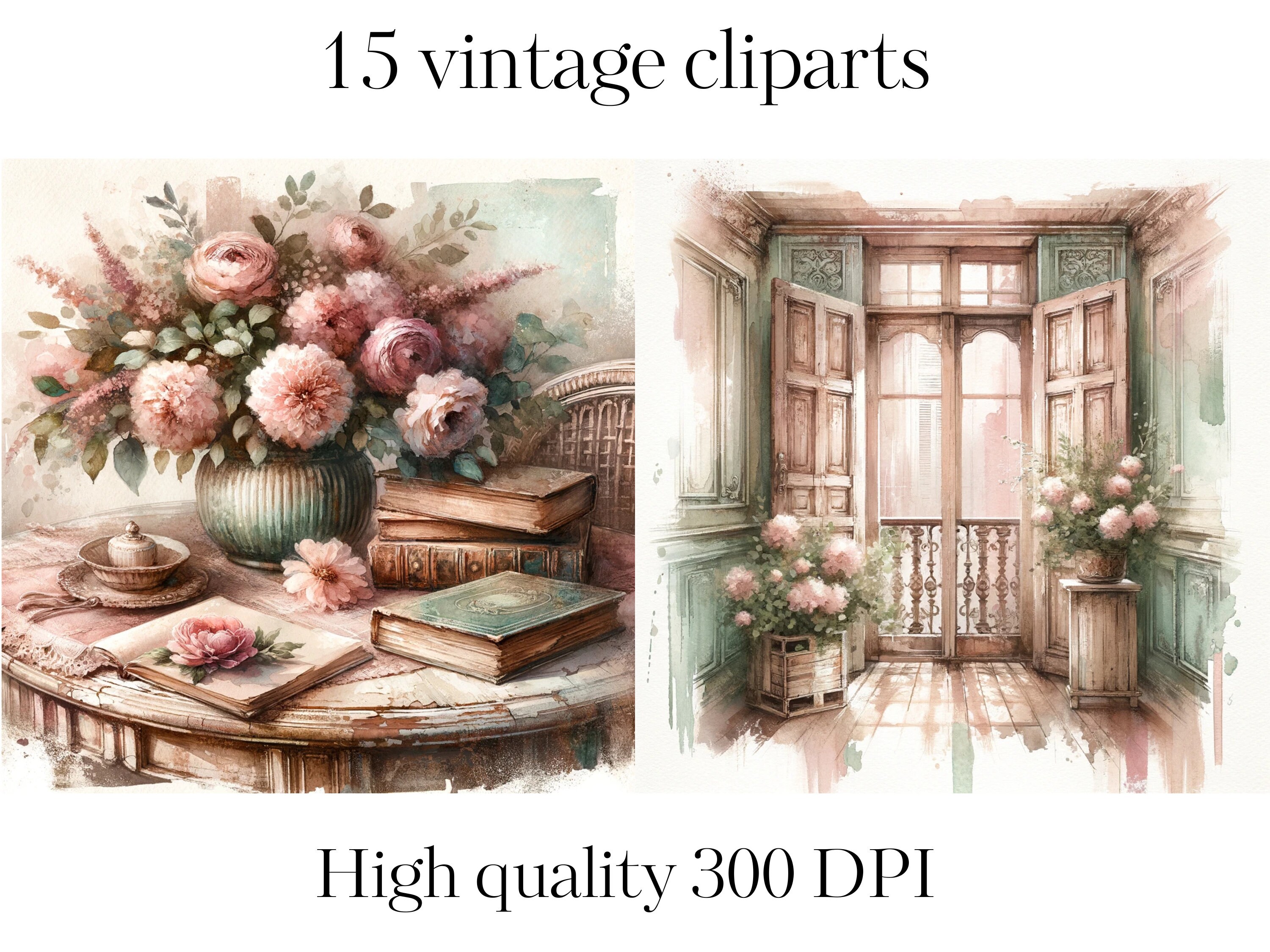 Shabby Chic Vintage Flowers Printable Floral Illustrations 15 High ...