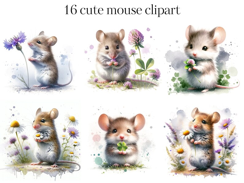Mouse and Flower Clipart | 16 High Quality JPG | Watercolor Mouse ...