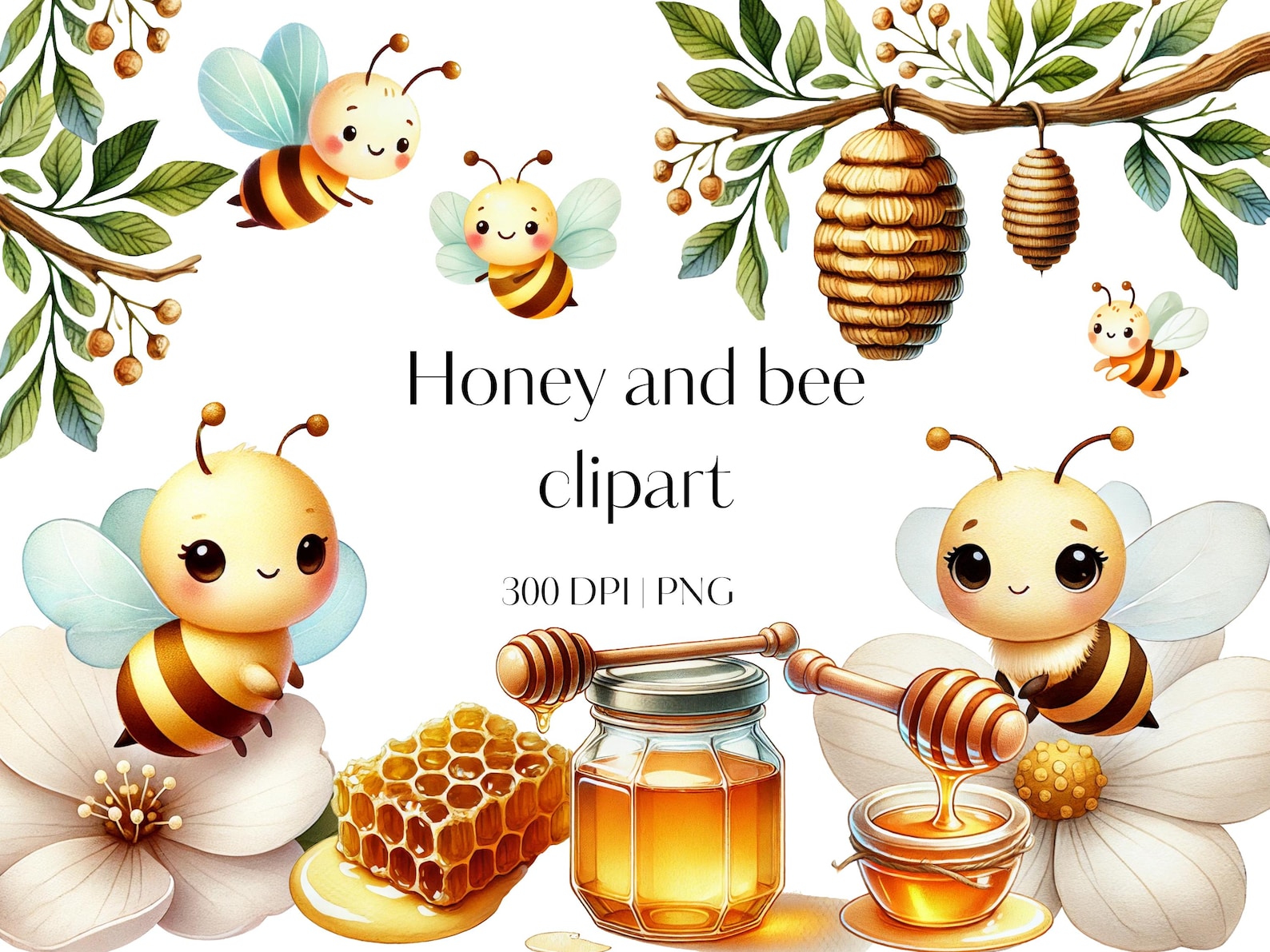 21 Cute Watercolor Bee Clipart, Beehive Clipart, Honey Clipart ...