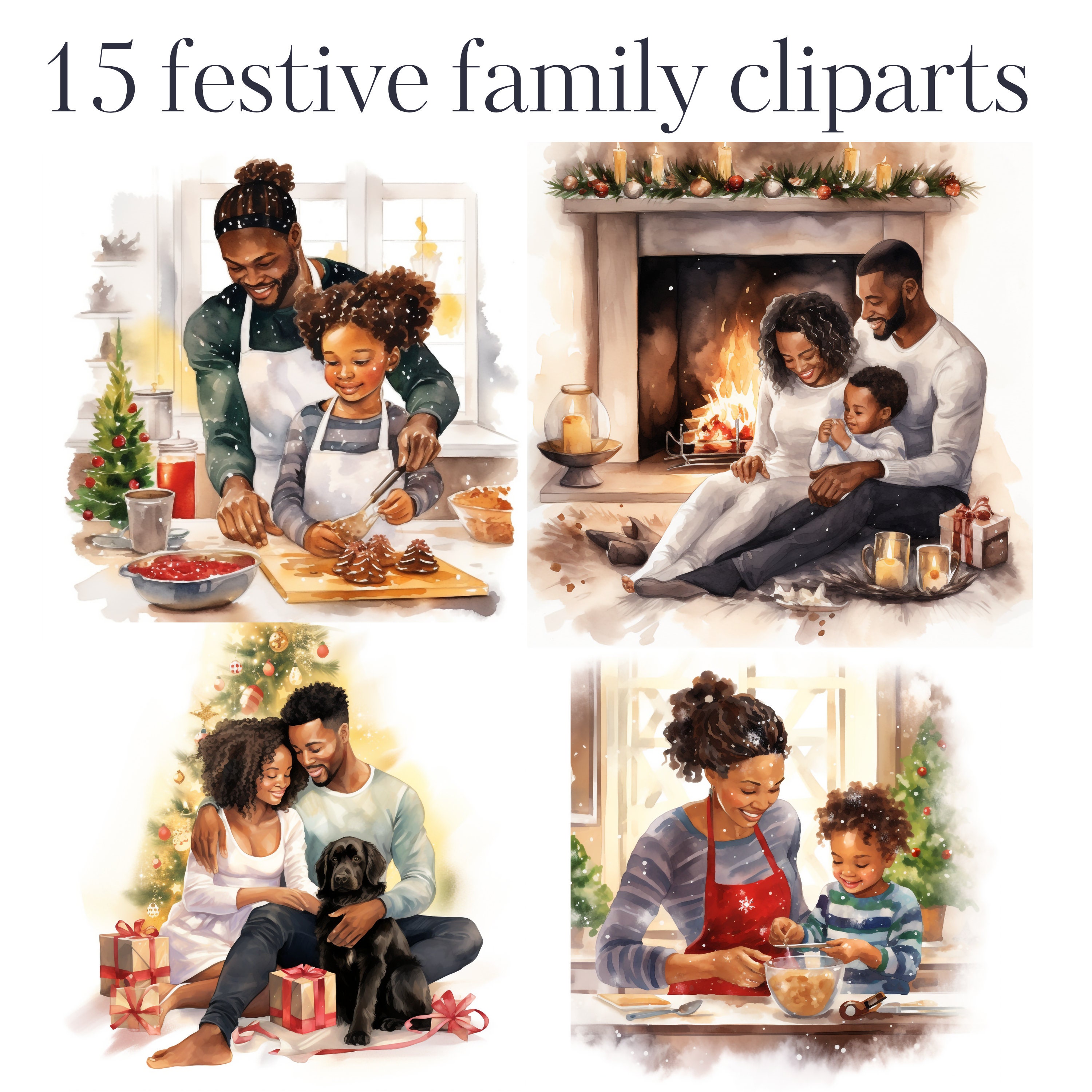 15 Watercolor Christmas Black Family Clipart High Quality Jpgs Clipart ...