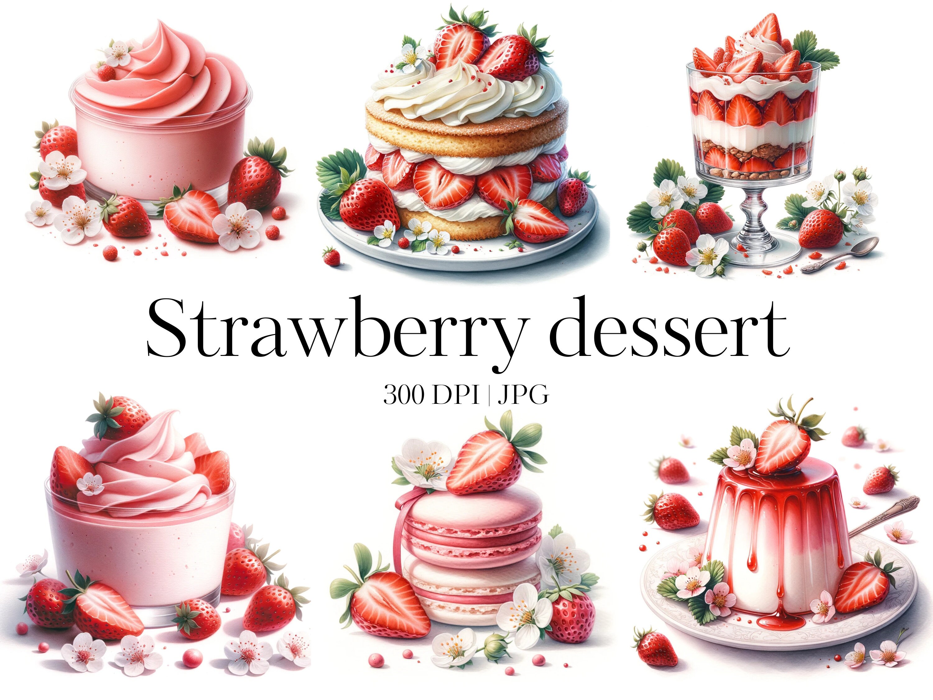 Strawberries Dessert Clipart 20 Jpgs Summer Clipart Bundle Cake Clipart ...
