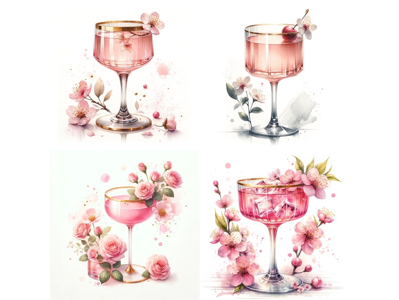 14 Pink Cocktails Clipart, High Quality Jpgs, Floral Pink Drinks ...