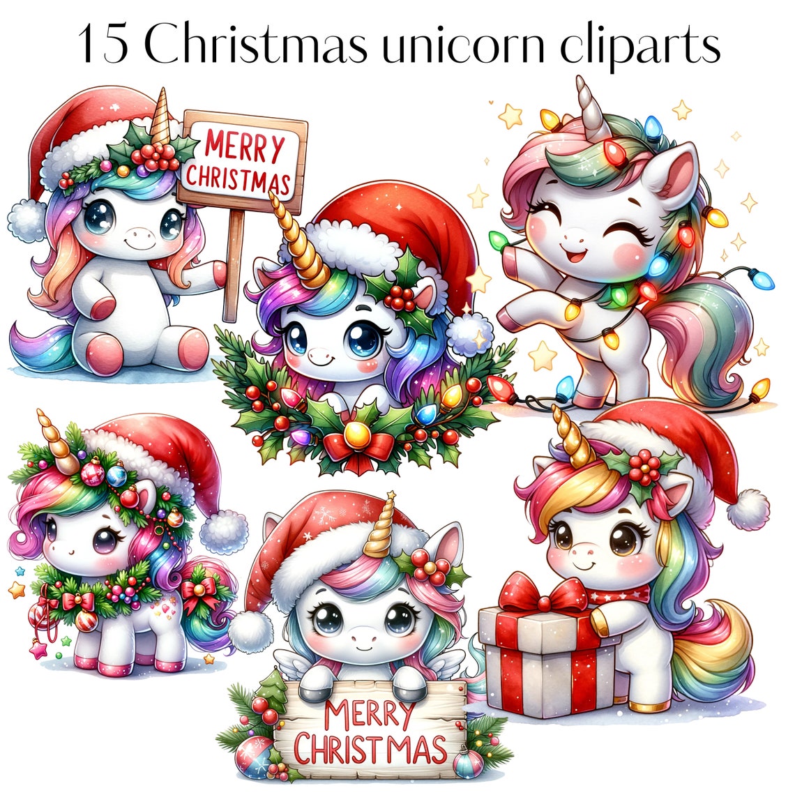 15 Christmas Unicorn Clipart Bundle Nursery Decor Cute Christmas ...