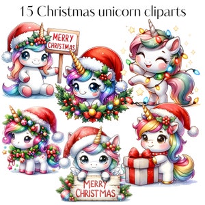 15 Christmas Unicorn Clipart Bundle Nursery Decor Cute Christmas ...