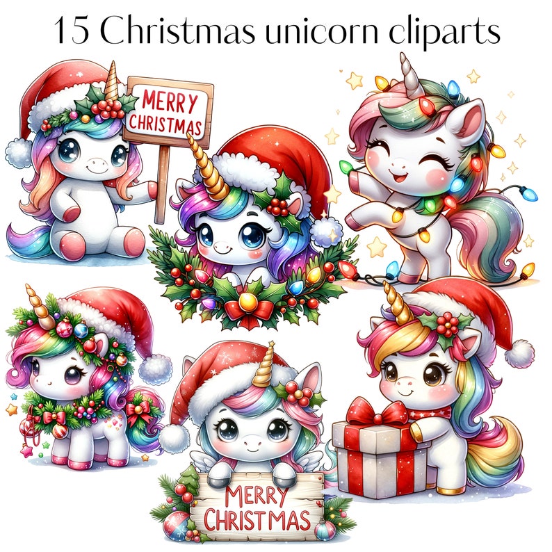 15 Christmas Unicorn Clipart Bundle Nursery Decor Cute Christmas ...