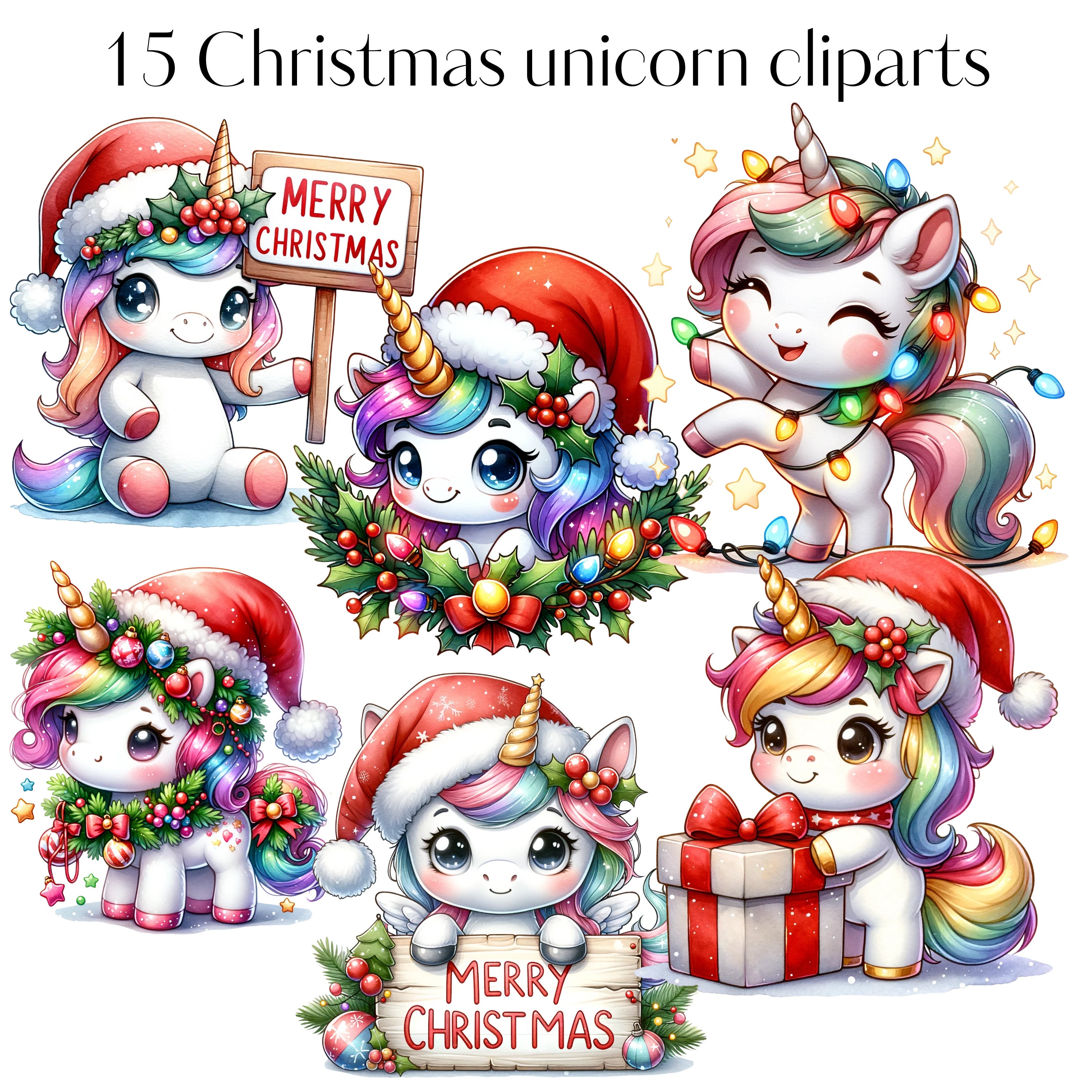 15 Christmas Unicorn Clipart Bundle Nursery Decor Cute Christmas ...