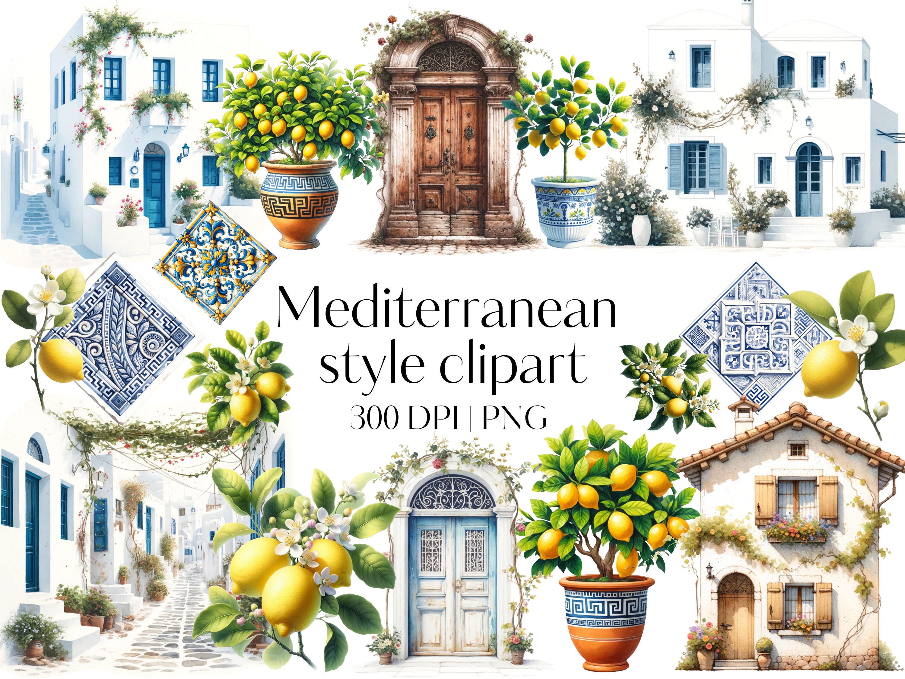 Mediterranean Watercolor Clipart 30 High Quality PNG Watercolor Lemons ...