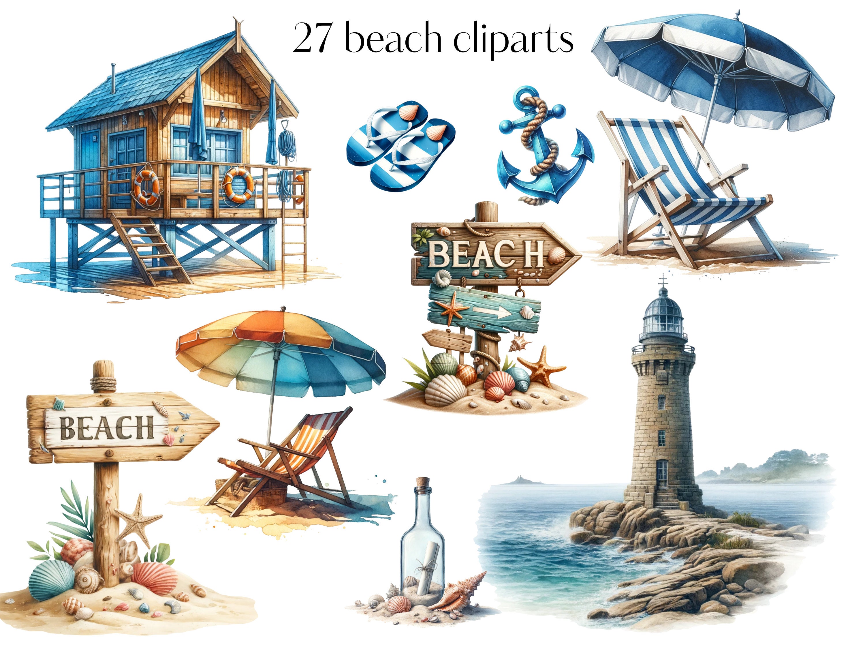 Watercolor Beach Clipart Bundle Nautical Clipart 27 PNG Travel Clipart ...