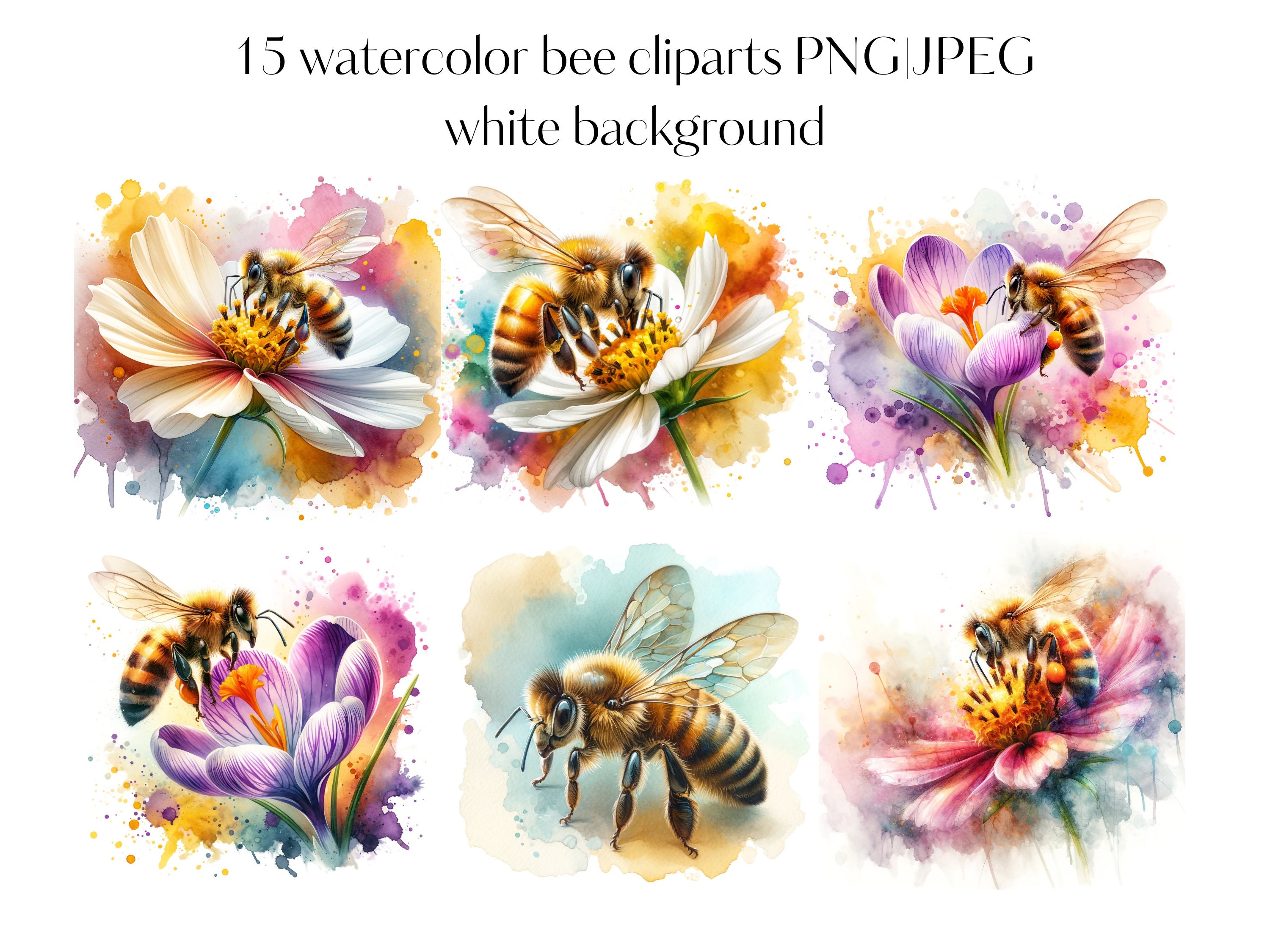 15 Watercolor Cute Bee Digital Images Jpgs Bee Clipart PNG Honey Bee ...