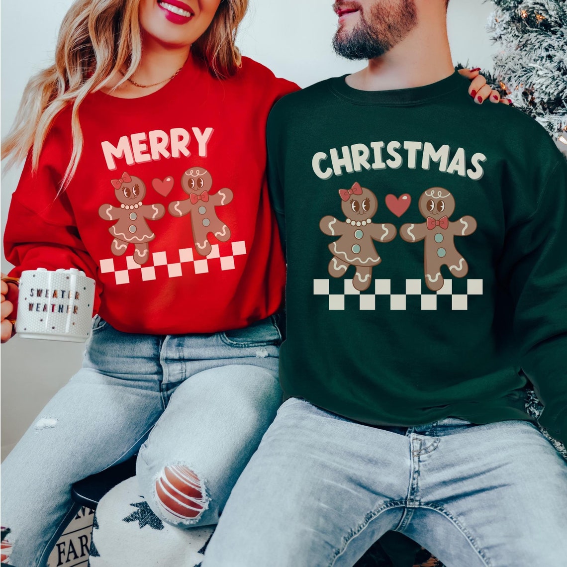 Merry Christmas Matching Sweatshirts Retro Gingerbread Sweater Holiday ...
