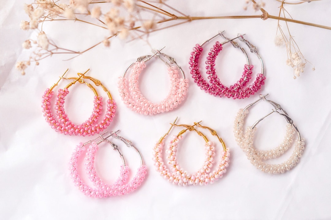 Beaded Hoop Earring, Pastel Pink Earrings, Sead Bead Earring, Woven ...