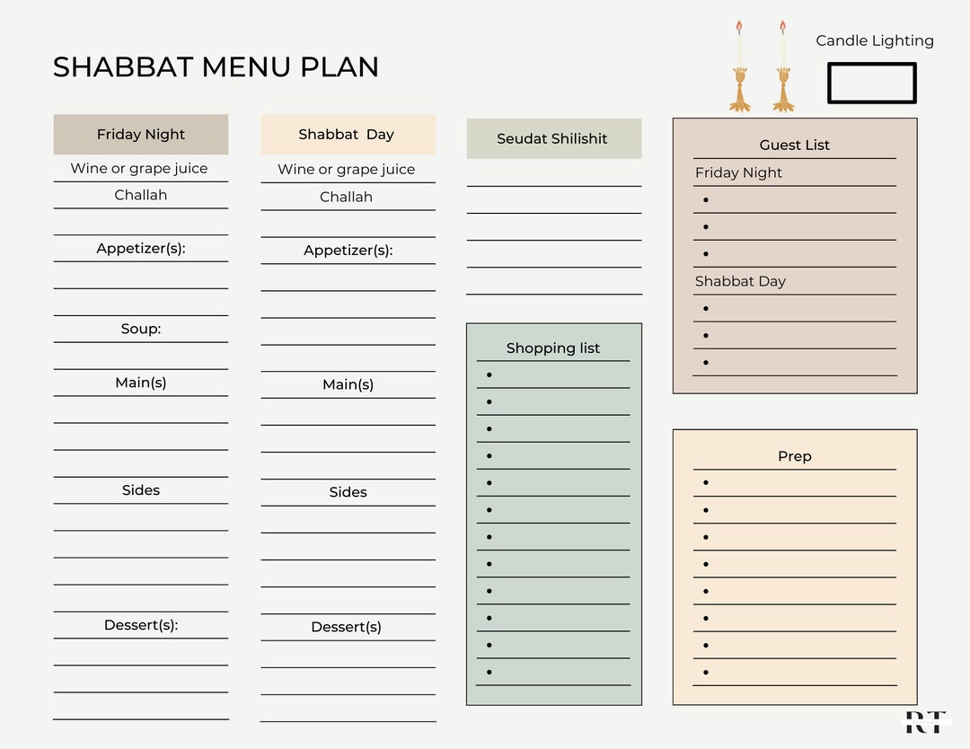Shabbat Menu Planner - Etsy