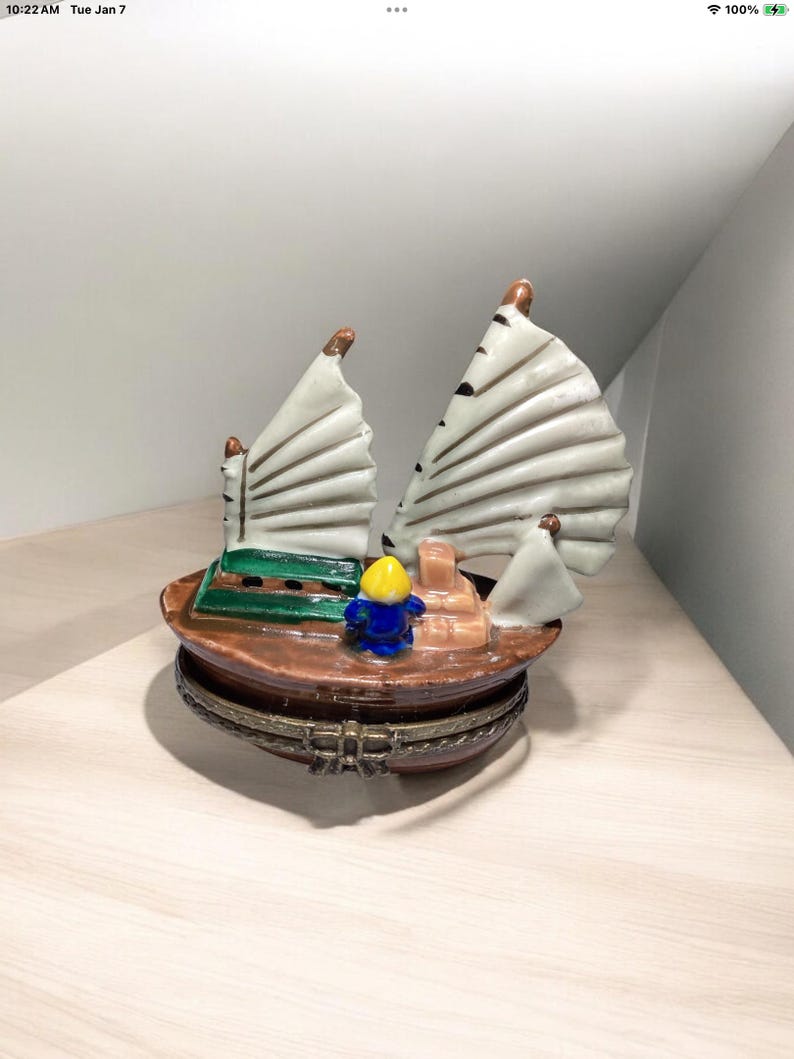 Vintage Boat Ship Pill or Trinket Box, Chinese Boat Trinket Box ...