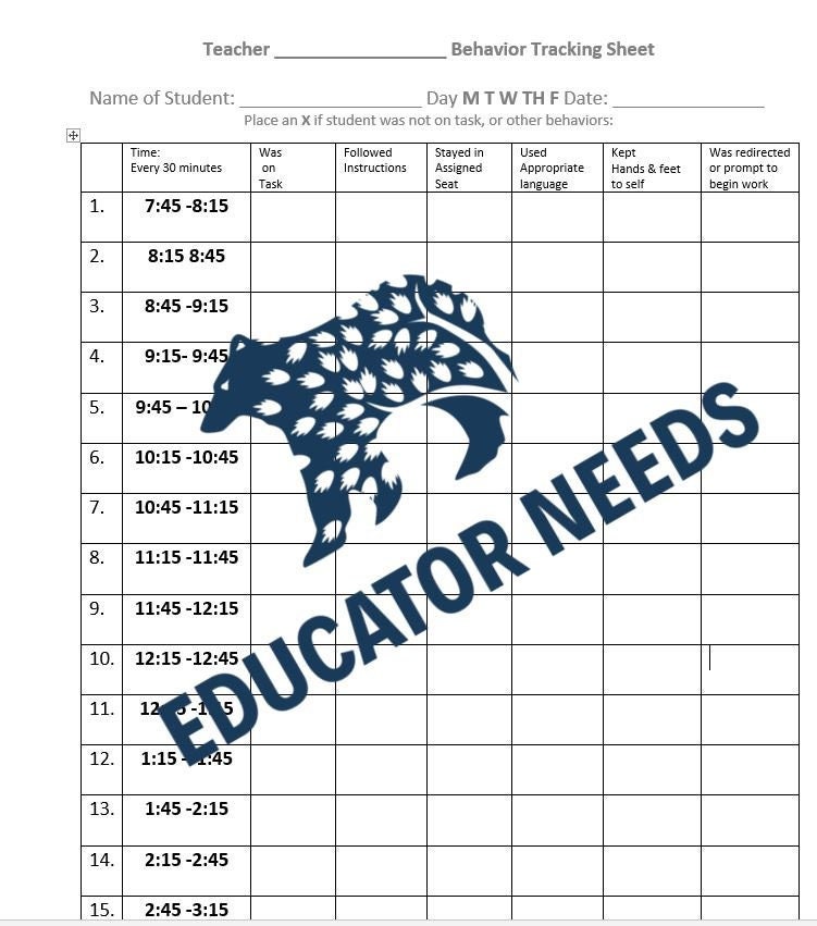 Student Behavior Tracking Form, Teacher Tracking Chart, Teacher Data ...
