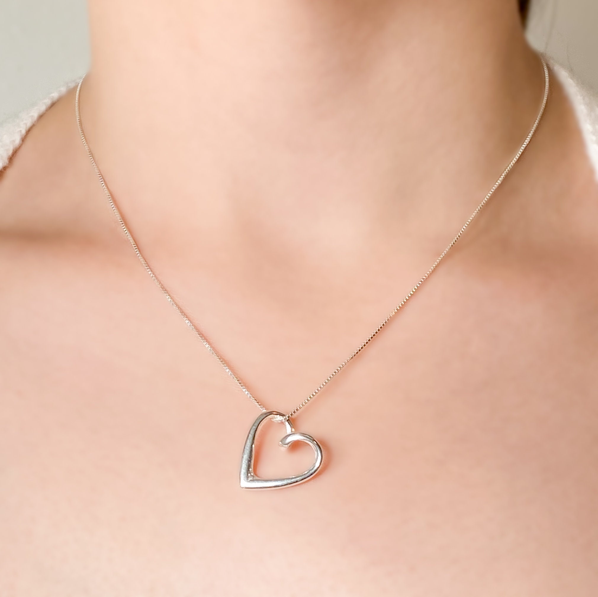 Sterling Silver Floating Heart Pendant Necklace High Polished Curved ...