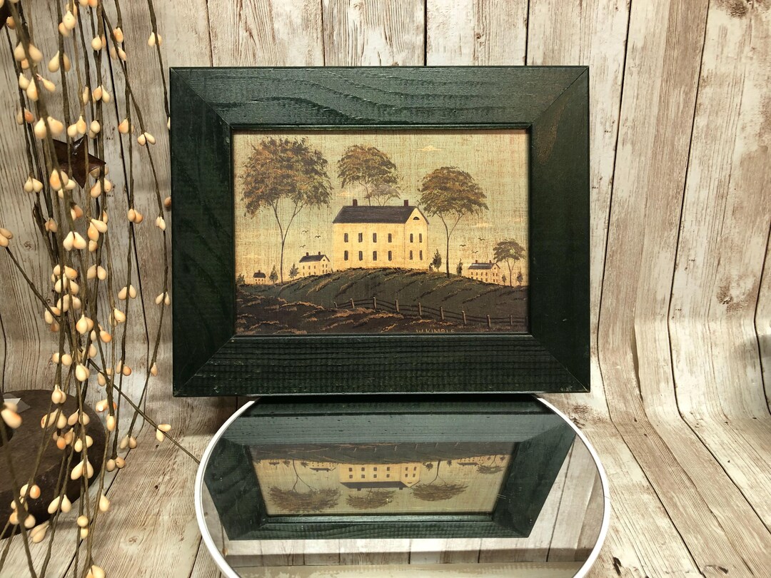 Vintage Primitive American Folk Art Houses on Hill Framed Wall Decor by ...