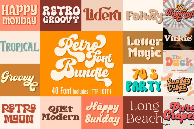 Retro Font Bundle: 40 Fonts for Canva, Silhouette, Cricut, Vintage ...