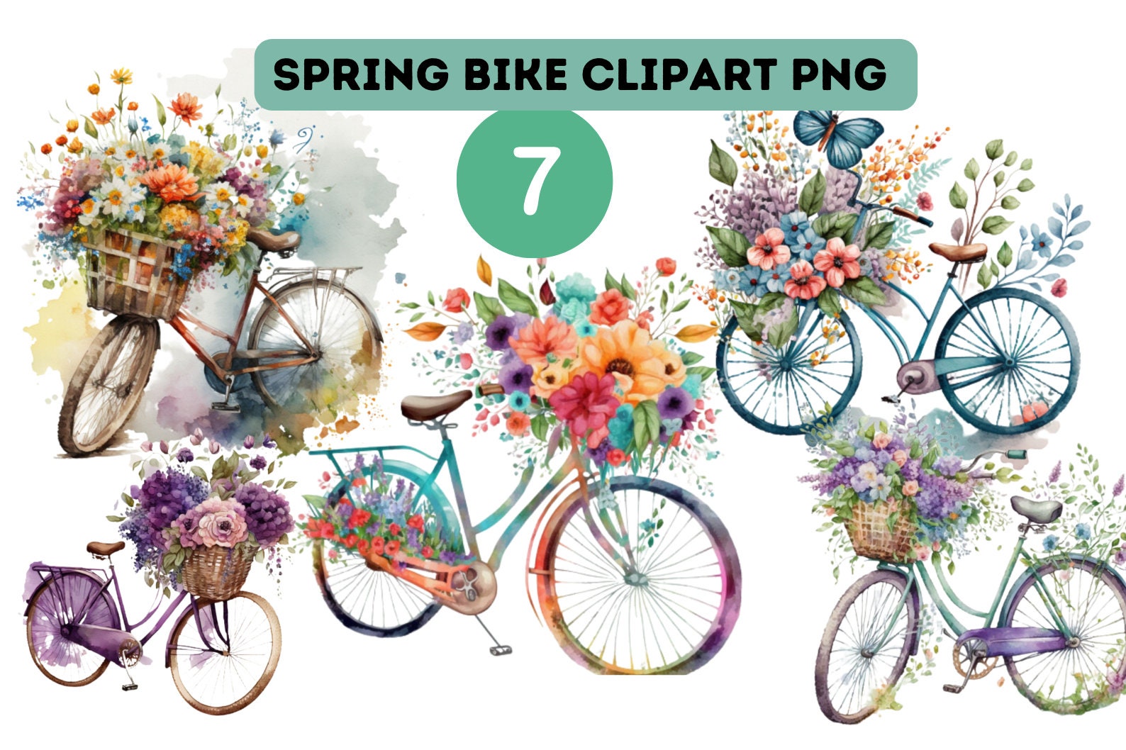 Springtime 7 Bicycle Clipart With Basket of Flowers Watercolor - Etsy