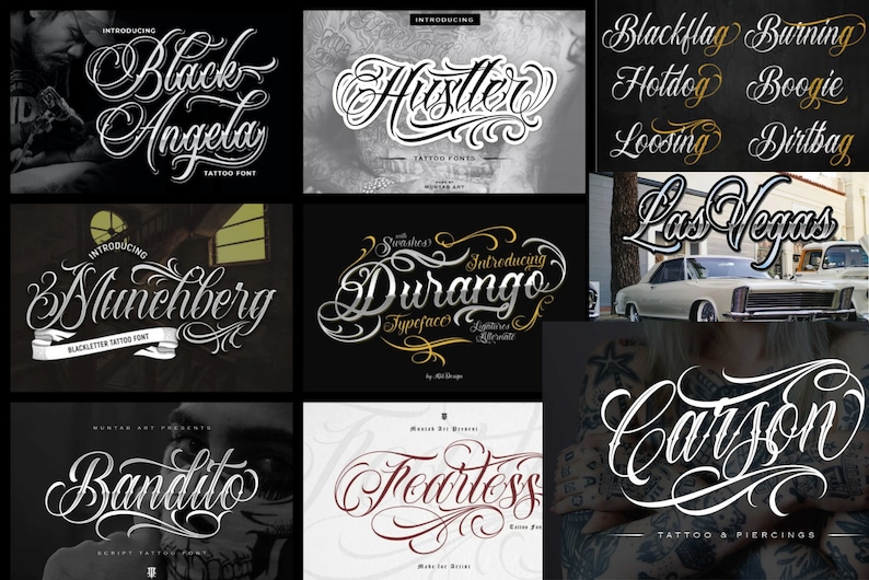 Vintage-inspired Tattoo Fonts Bundle: Black Angela, Bandito, Durango ...