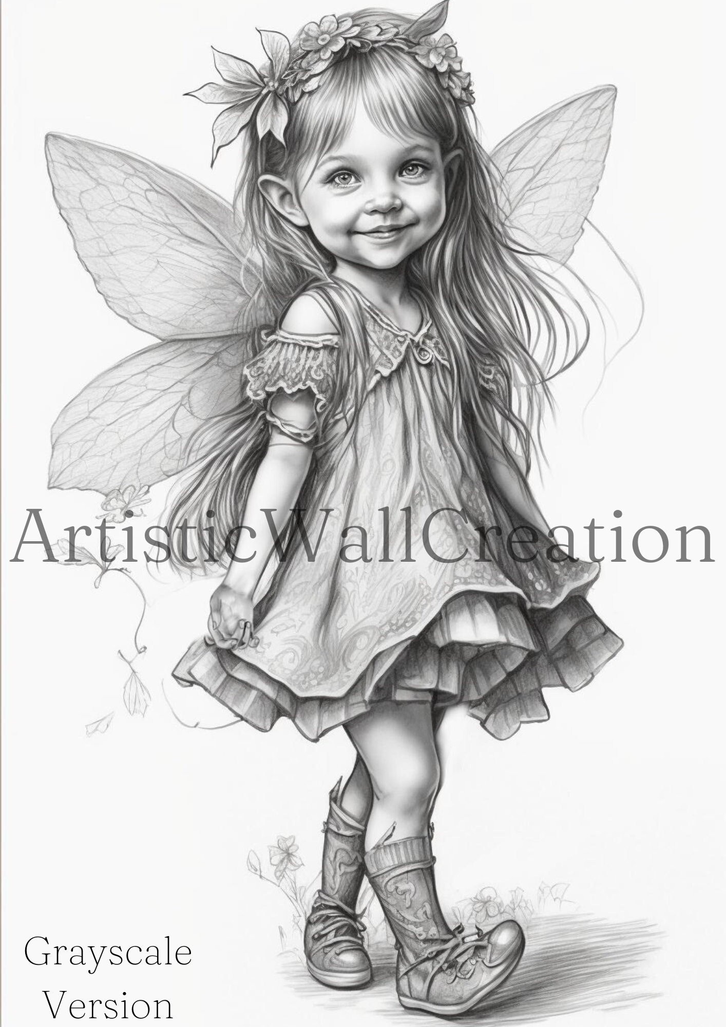 Grayscale Fairy Coloring Page | Adult Coloring Sheet | Enchanted Fairy ...