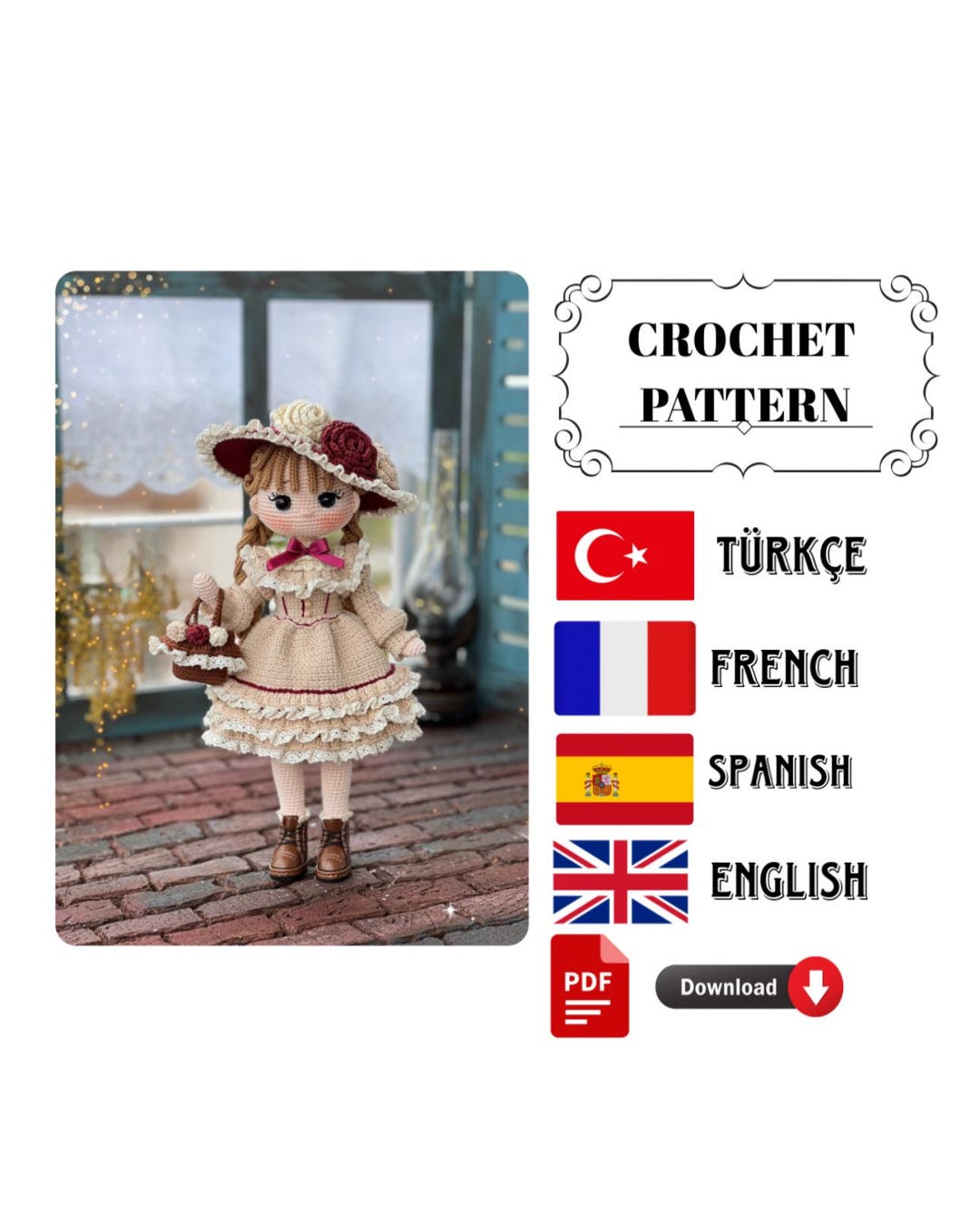 Josephine Doll English Pattern Vintage Doll Pattern , Crochet Doll ...