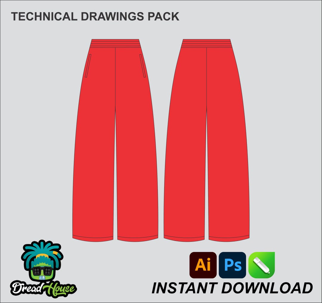 Wide Legs Sweatpants Mock up Editable 2D Tech Pack Streetwear Clothing ...