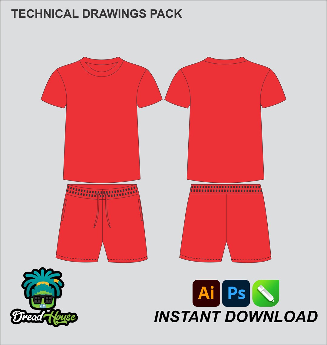 Short Set Mock up Editable 2D Tech Pack Streetwear Clothing Vector ...