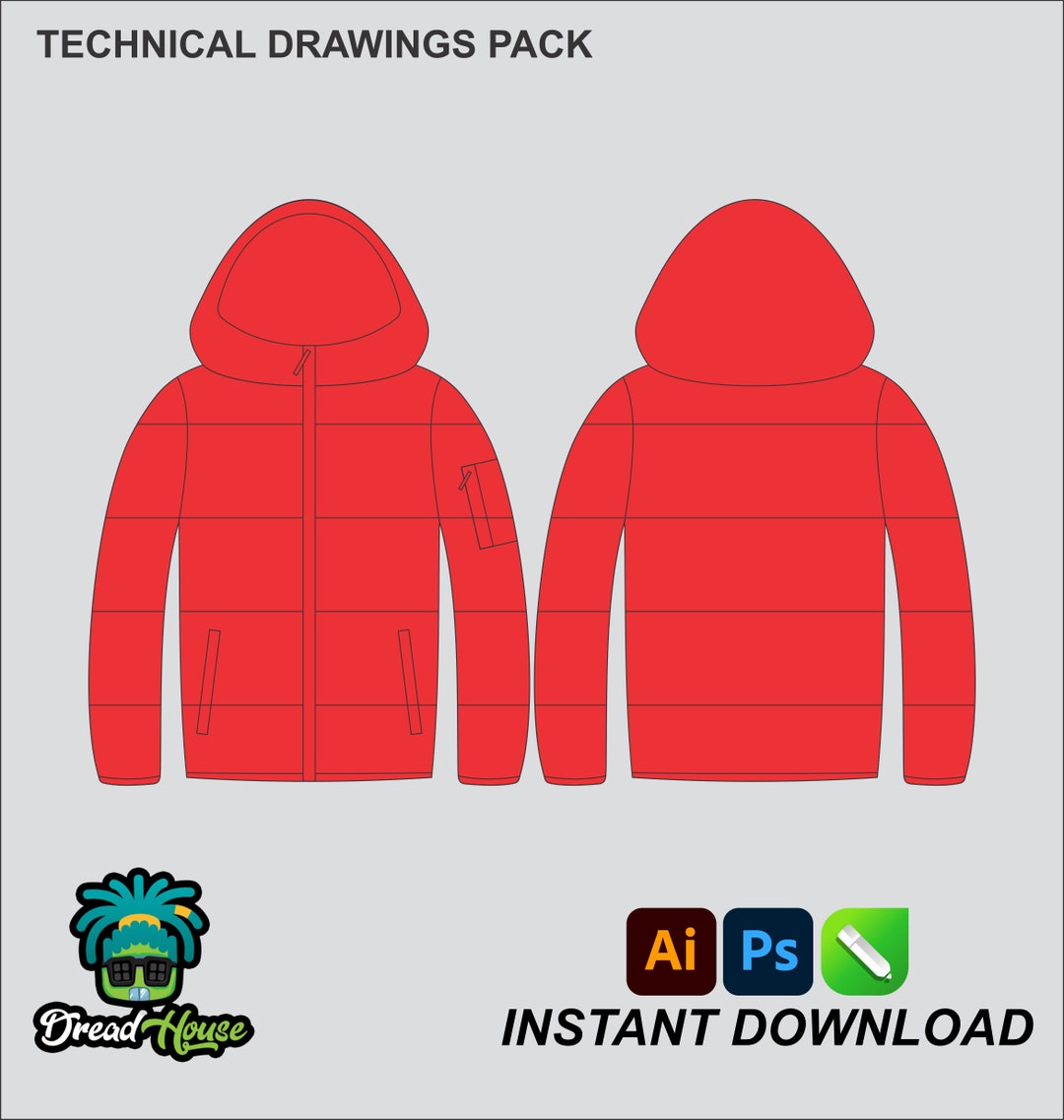 Puffer Jacket Coat Mock up Editable 2D Tech Pack Streetwear Clothing ...