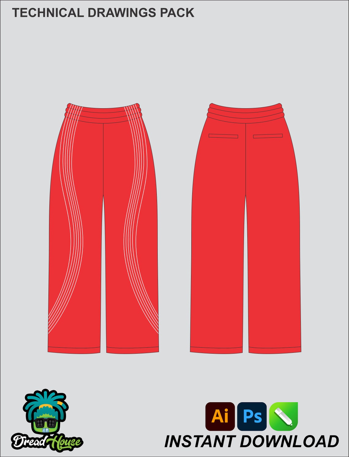 Oversized Sweat Pant Mock up Editable 2D Tech Pack Streetwear Clothing ...