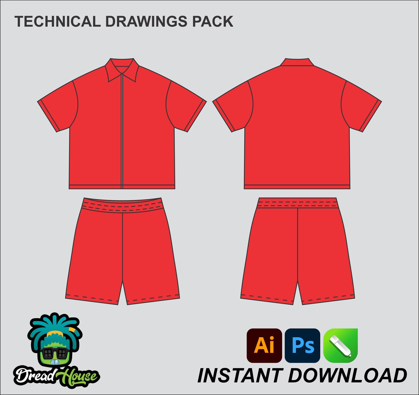 Boxy Fit Short Set Mock up Editable 2D Tech Pack Streetwear Clothing ...