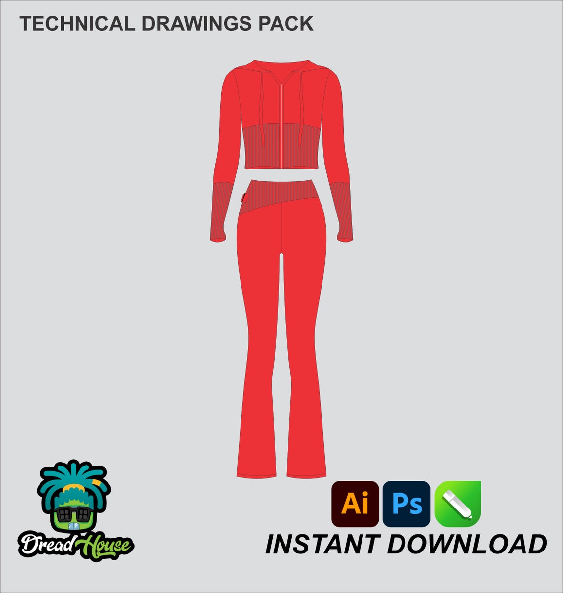 Long Sleeve Ladies Flared Suit Mock up Editable 2D Tech Pack Streetwear ...