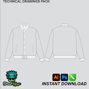 Varsity Jacket Mock up Editable 2D Tech Pack Streetwear Clothing Vector ...