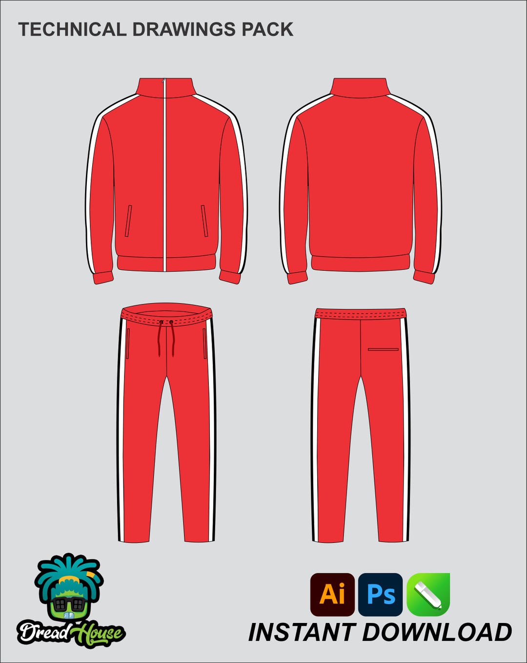 Athletic Track Sweat Suit Mock up Editable 2D Tech Pack Streetwear ...