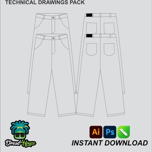 Long Denim Pant Mock up Editable 2D Tech Pack Streetwear Clothing ...