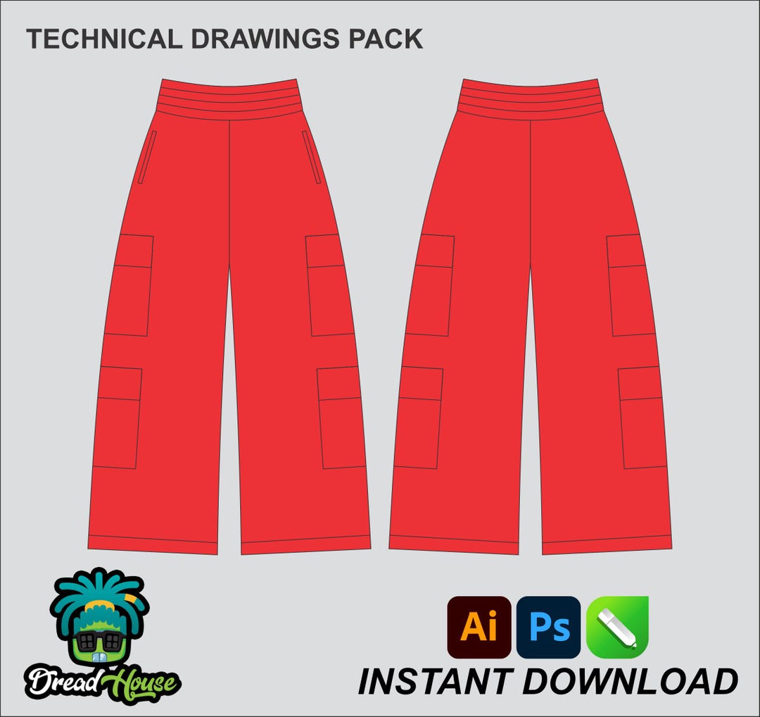 Wide Legs Cargo Sweatpants Mock up Editable 2D Tech Pack Streetwear ...